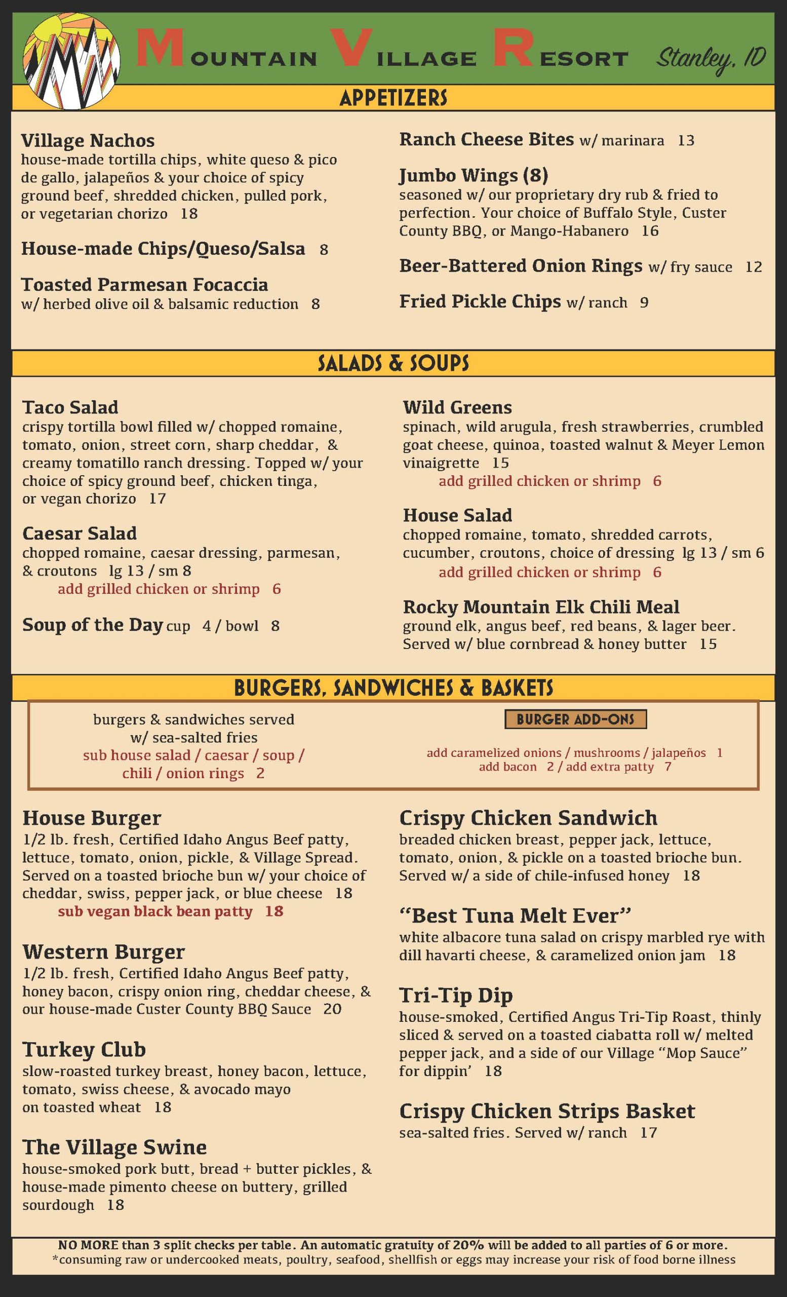 Menus – Mountain Village Resort