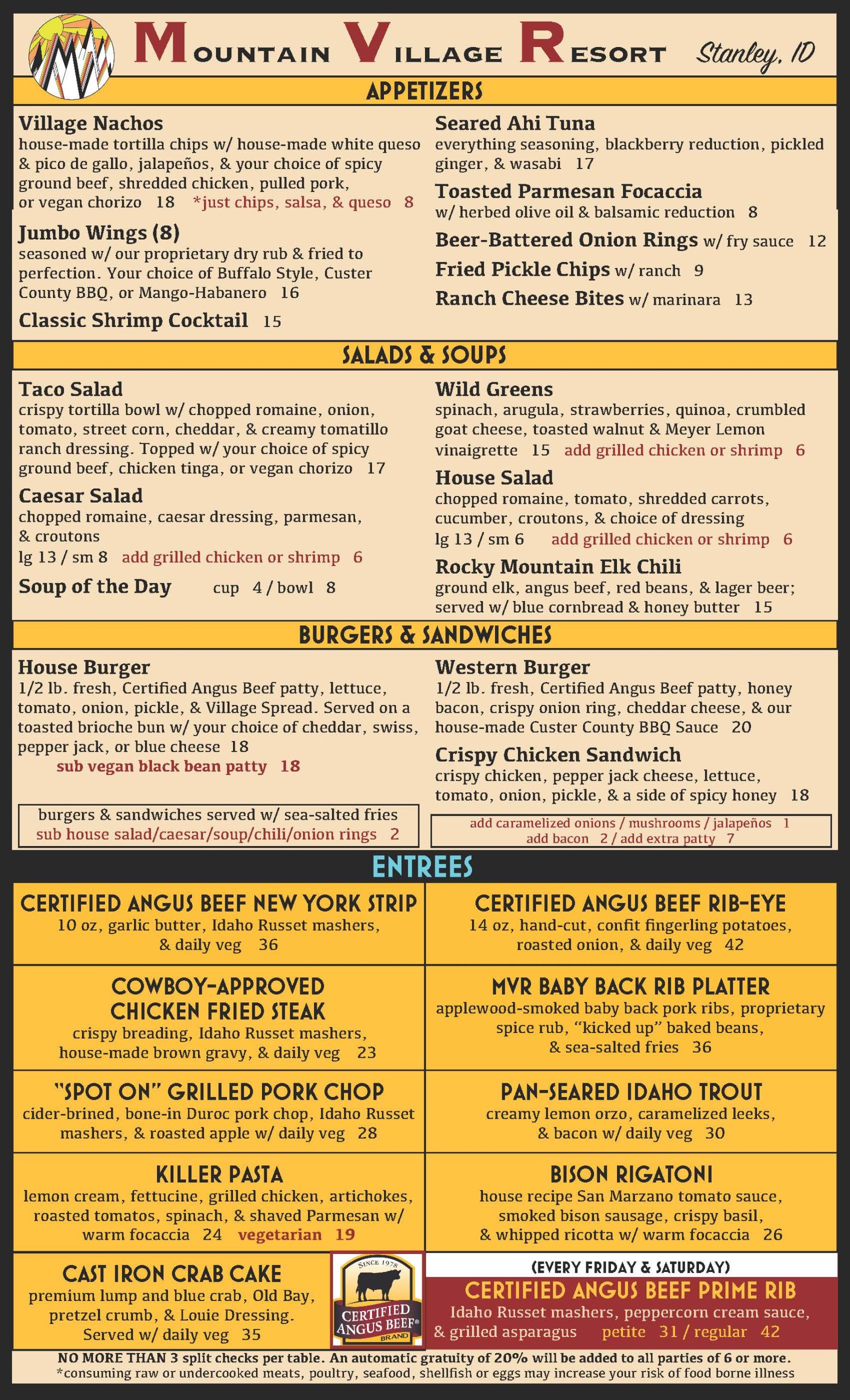 Menus – Mountain Village Resort