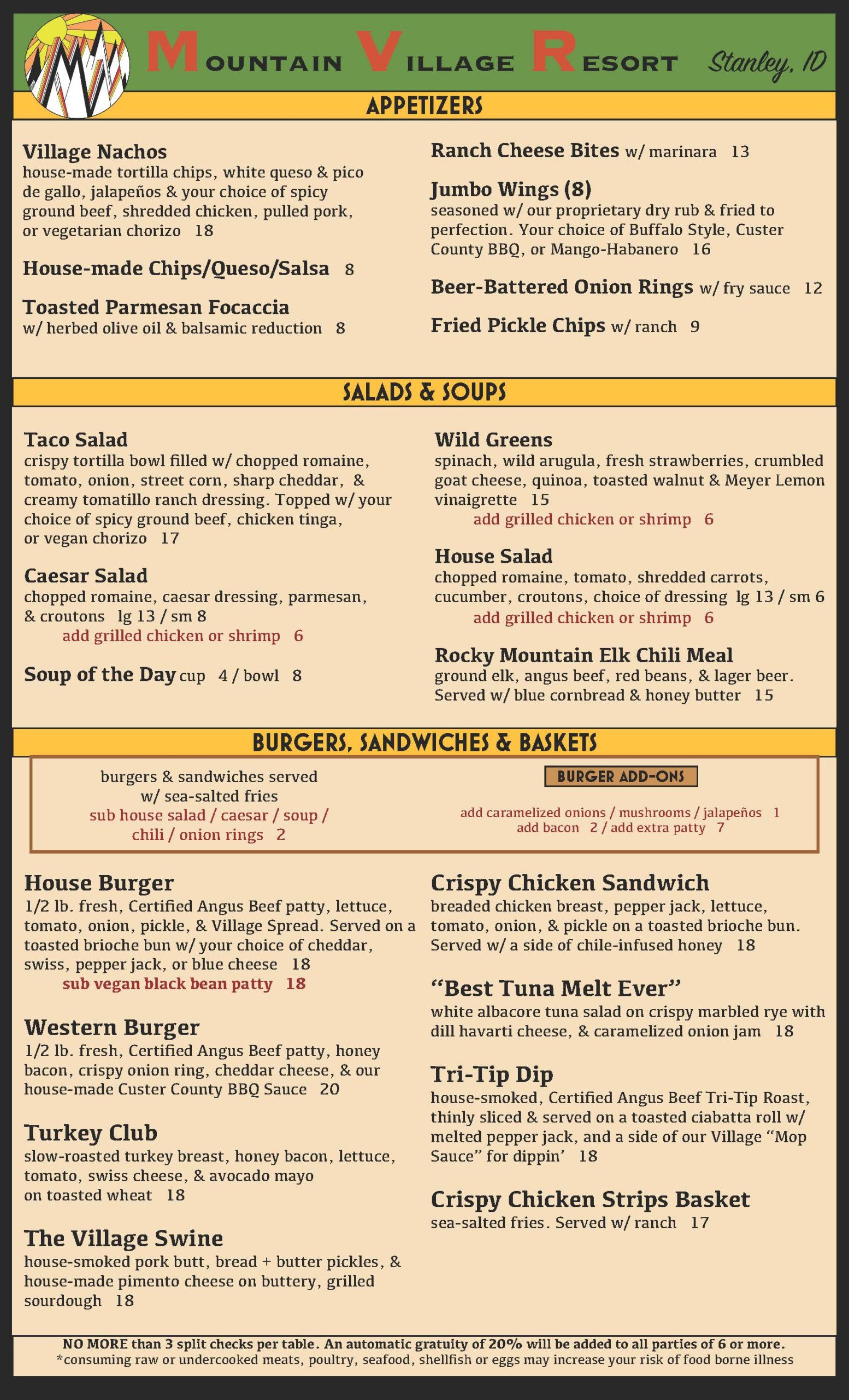 Menus – Mountain Village Resort