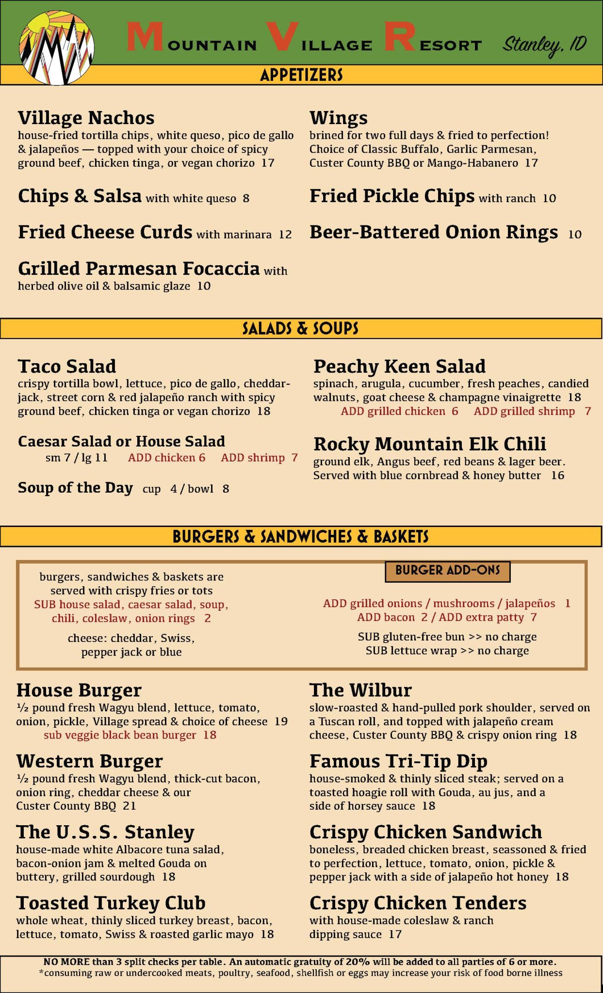 Menus – Mountain Village Resort
